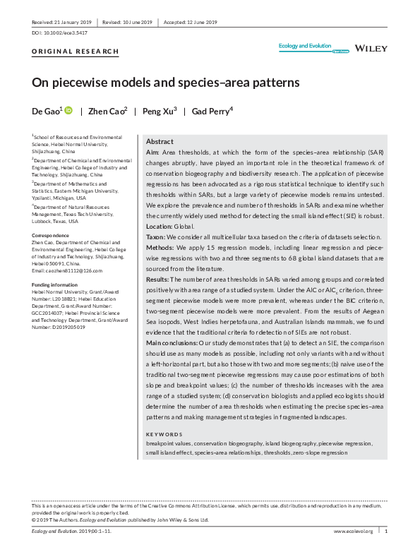 (PDF) On piecewise models and species–area patterns