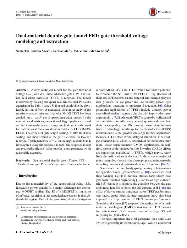 Pdf Dual Material Double Gate Tunnel Fet Gate Threshold Voltage Modeling And Extraction