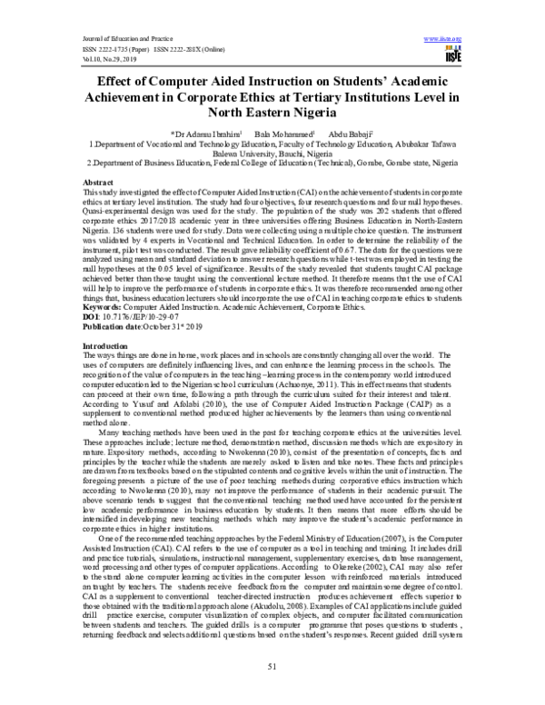 (PDF) Sample the effects of computer assisted instruction on automobile technology students ...