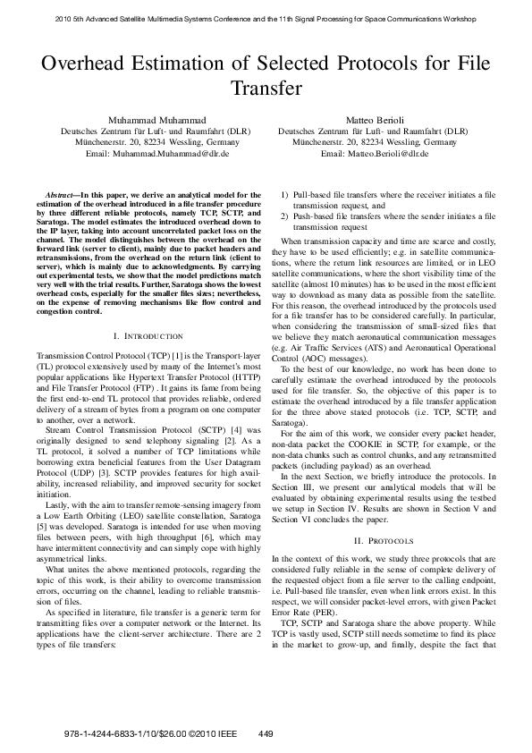 (PDF) Overhead estimation of selected protocols for file transfer ...
