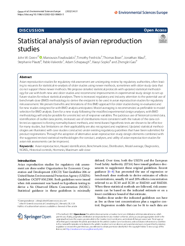 (PDF) Statistical Analysis of Avian Reproduction Studies
