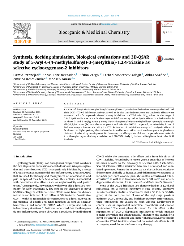 (PDF) Synthesis, docking simulation, biological evaluations and 3D-QSAR study of 5-Aryl-6-(4 ...