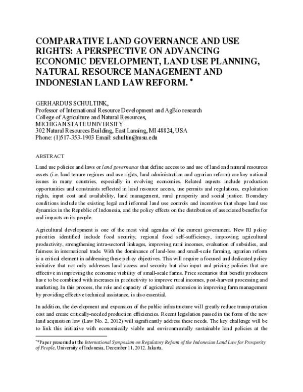 (PDF) COMPARATIVE LAND GOVERNANCE AND USE RIGHTS: A PERSPECTIVE ON ...