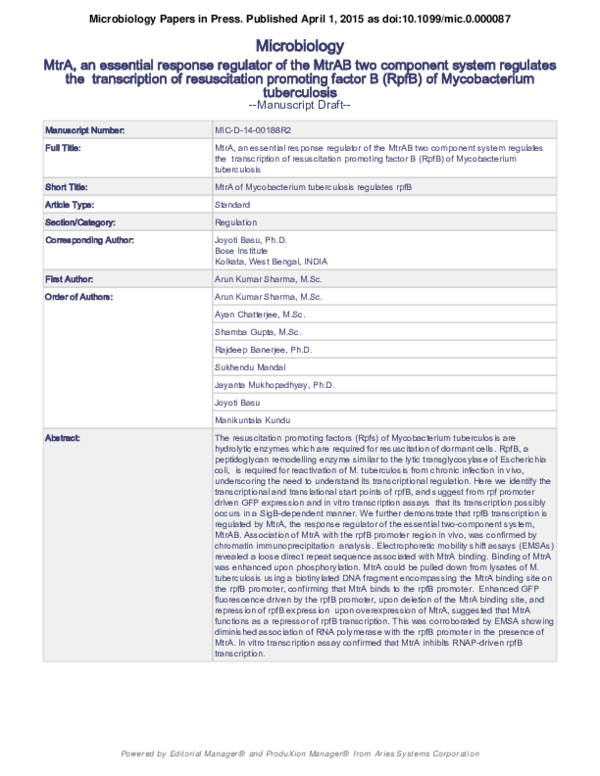 (PDF) MtrA, an essential response regulator of the MtrAB two component ...