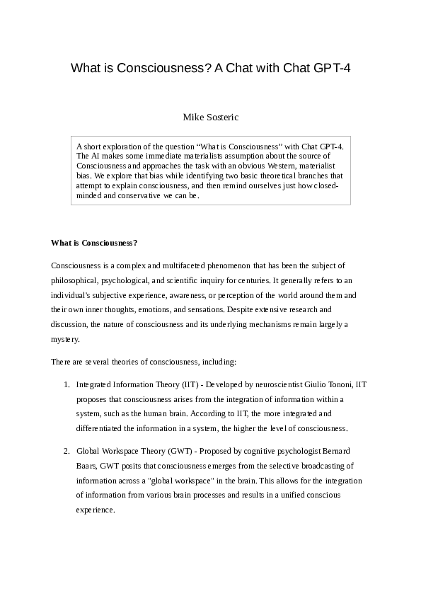 What is Consciousness? A Chat with Chat GPT-4
