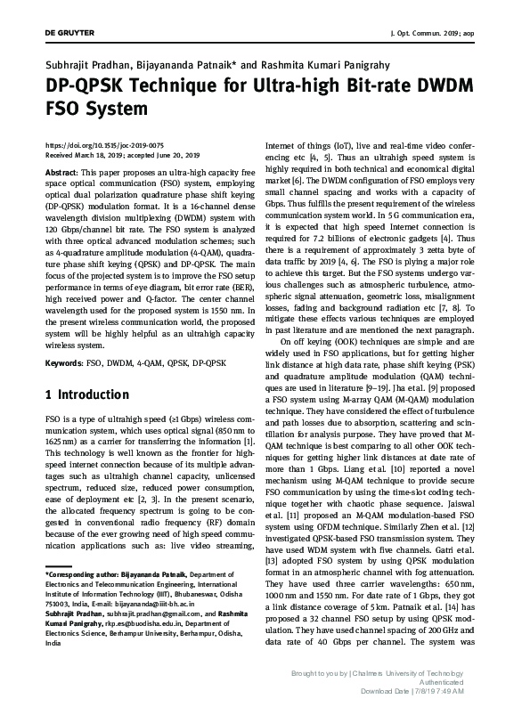 (PDF) DP-QPSK Technique for Ultra-high Bit-rate DWDM FSO System