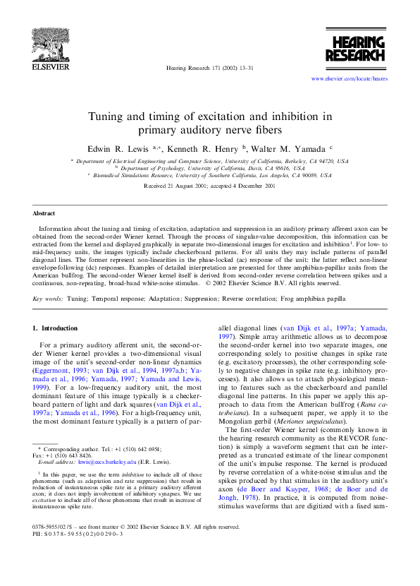Pdf Tuning And Timing Of Excitation And Inhibition In Primary Auditory Nerve Fibers