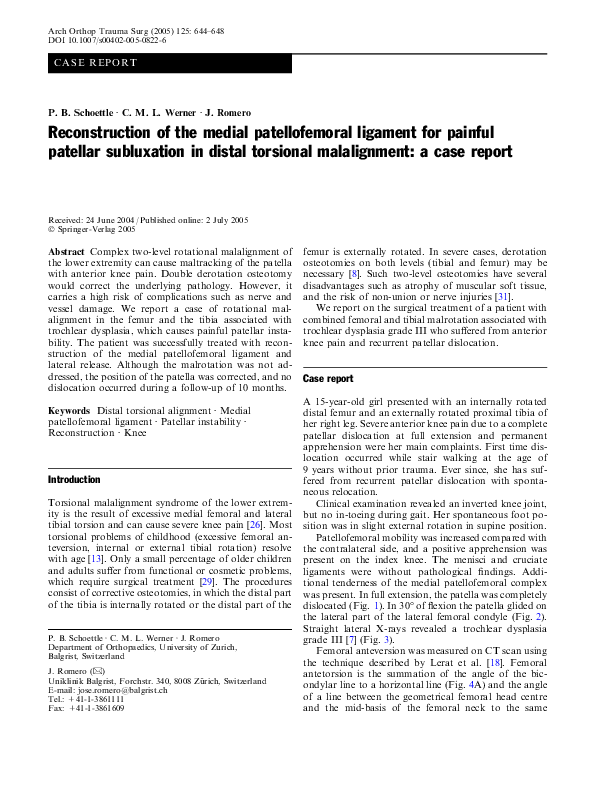 (PDF) Reconstruction of the medial patellofemoral ligament for ...