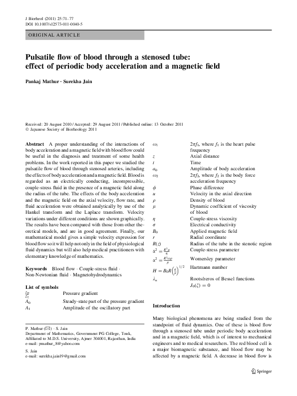 (PDF) Pulsatile flow of blood through a stenosed tube: effect of periodic body acceleration and ...