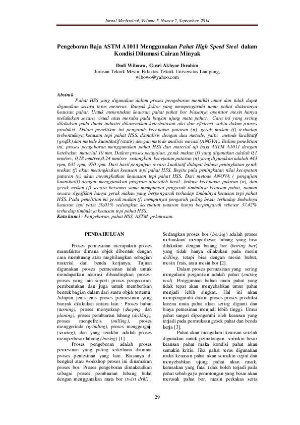 (PDF) Pengeboran Baja ASTM A1011 Menggunakan Pahat High Speed Steel dalam Kondisi Dilumasi ...