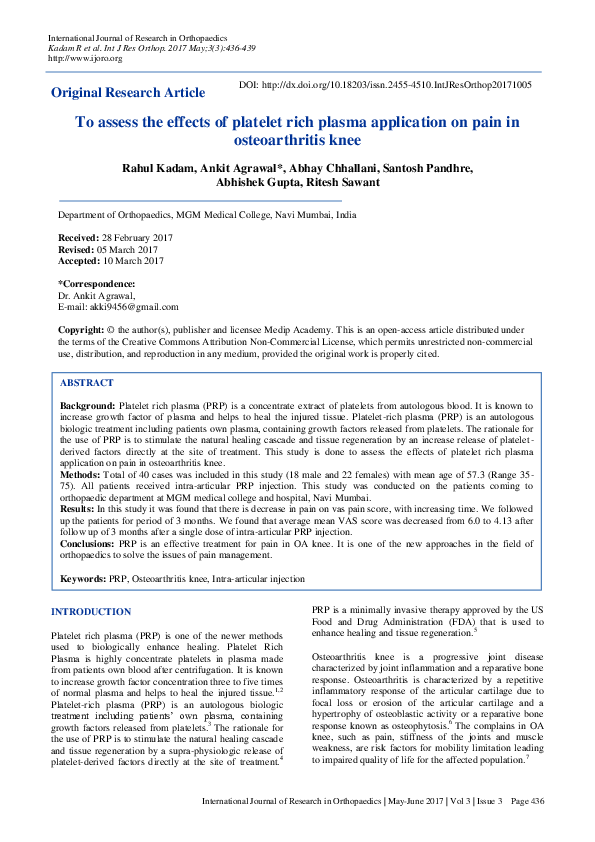 (PDF) To assess the effects of platelet rich plasma application on pain in osteoarthritis knee