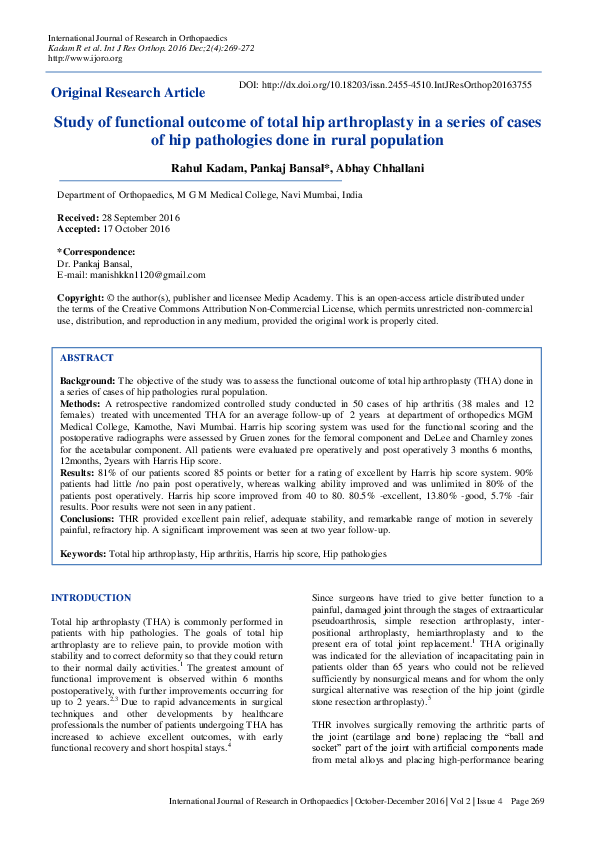 (PDF) Study of functional outcome of total hip arthroplasty in a series ...
