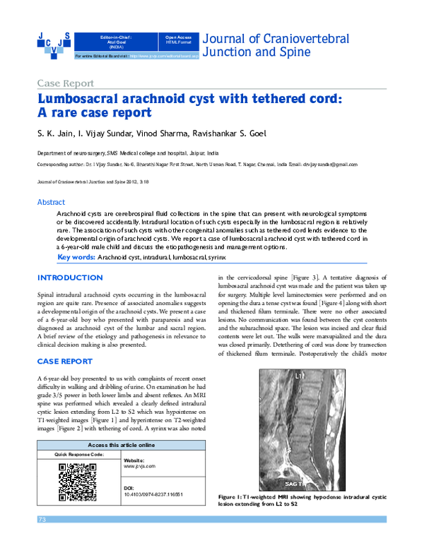 Pdf Lumbosacral Arachnoid Cyst With Tethered Cord A Rare Case Report
