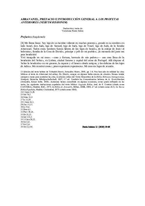 (DOC) V. Pastor Julián - ABRAVANEL, PREFACIO E INTRODUCCIÓN GENERAL A LOS PROFETAS ANTERIORES ...