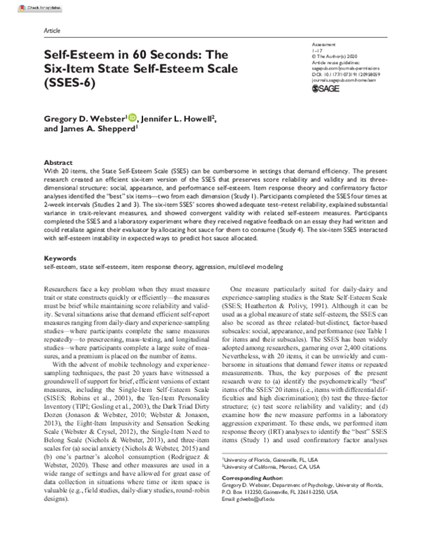 Pdf Self Esteem In 60 Seconds The Six Item State Self Esteem Scale