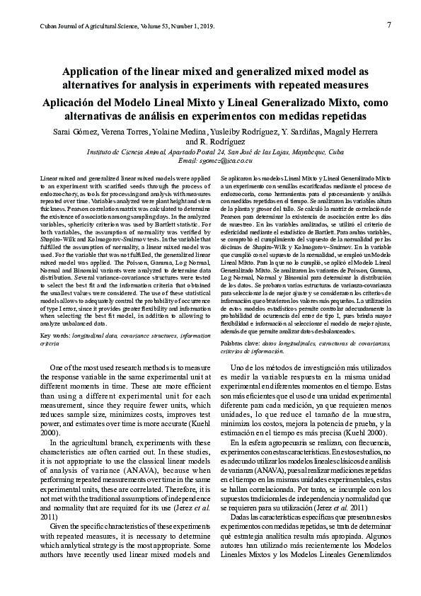 (PDF) Application of the linear mixed and generalized mixed model as alternatives for analysis ...