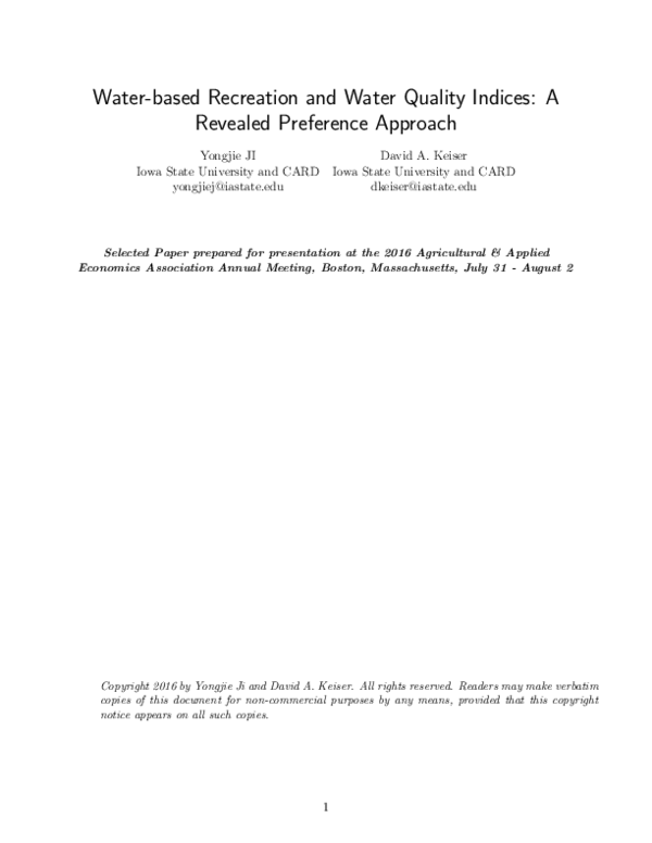 (PDF) Water-based Recreation and Water Quality Indices: A Revealed ...