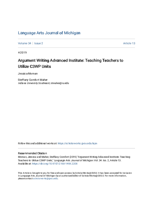 (PDF) Argument Writing Advanced Institute: Teaching Teachers to Utilize ...