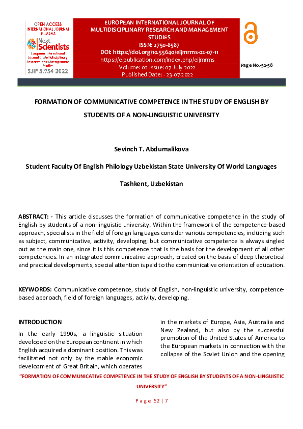 (PDF) Formation of Communicative Competence in the Study of English by Students of a Non ...