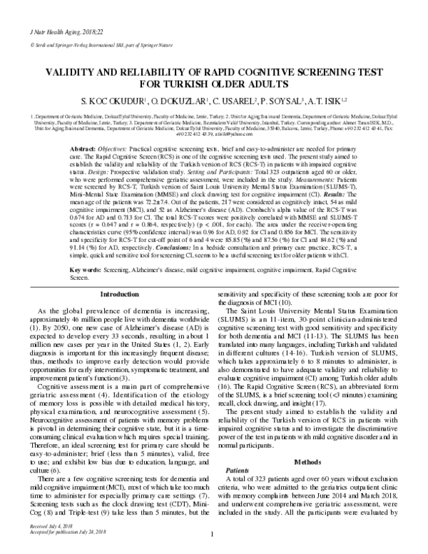(PDF) Validity and Reliability of Rapid Cognitive Screening Test for ...