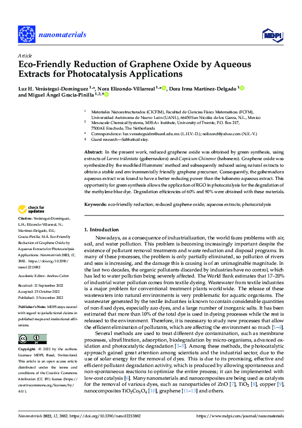 (PDF) Eco-Friendly Reduction of Graphene Oxide by Aqueous Extracts for Photocatalysis Applications