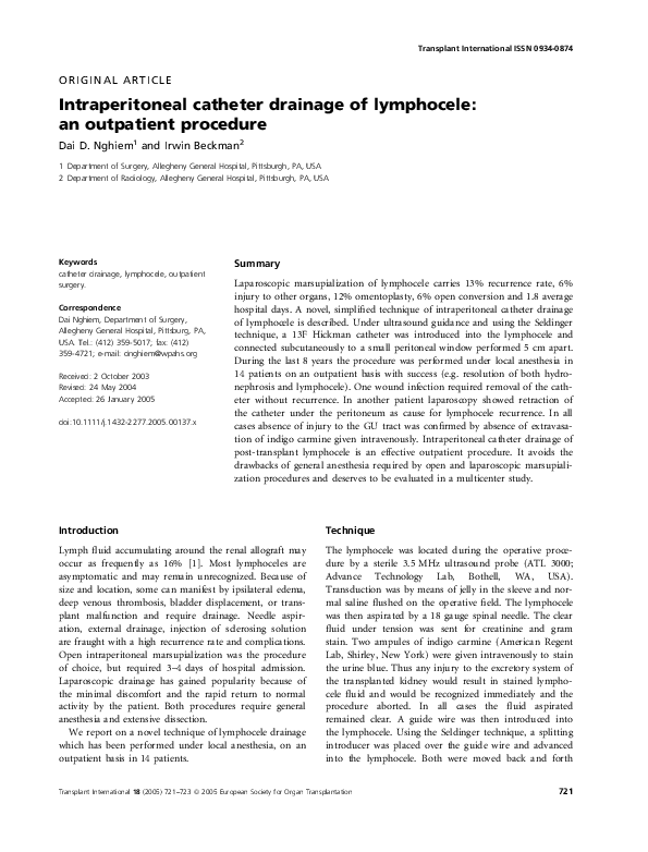 (PDF) Intraperitoneal catheter drainage of lymphocele: an outpatient ...