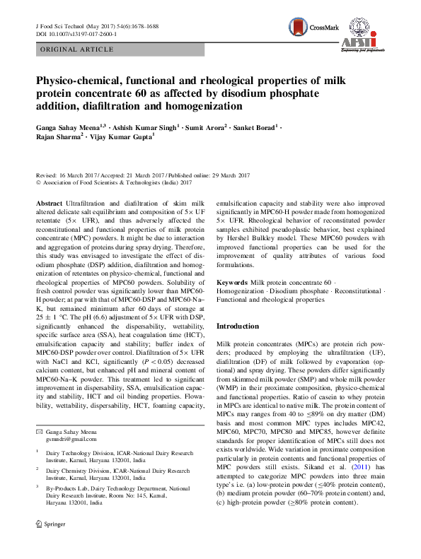 (PDF) Physico-chemical, functional and rheological properties of milk protein concentrate 60 as ...