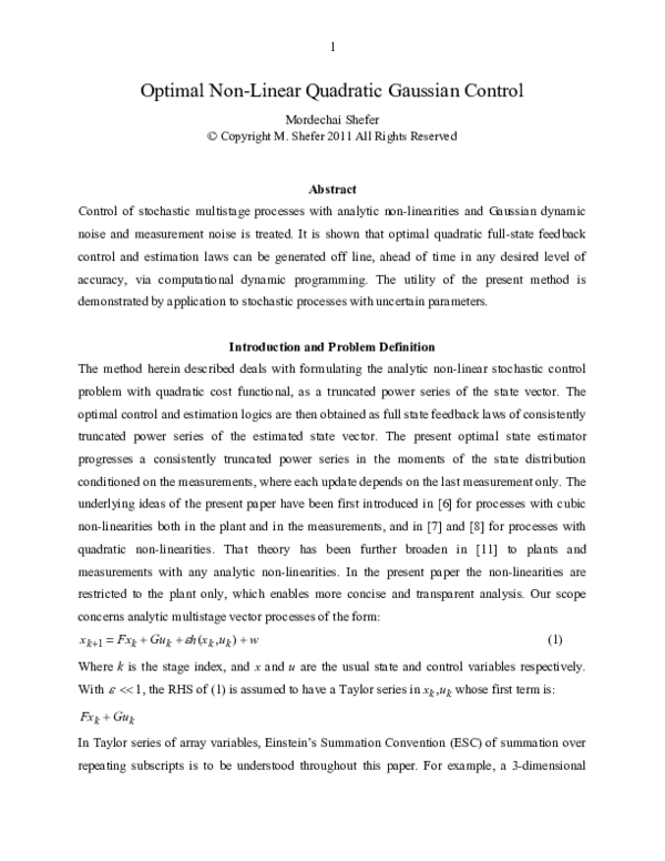 Pdf Optimal Non Linear Quadratic Gaussian Control