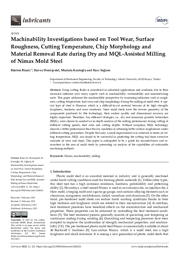 (PDF) Machinability Investigations Based on Tool Wear, Surface ...