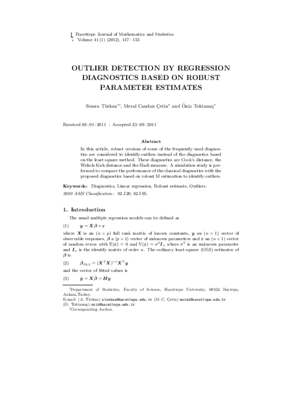 Outlier Detection By Regression Diagnostics Based On Robust Parameter 