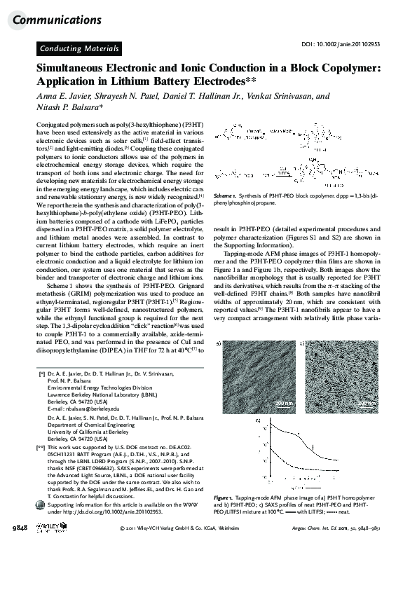 Pdf Simultaneous Electronic And Ionic Conduction In A Block Copolymer Application In Lithium