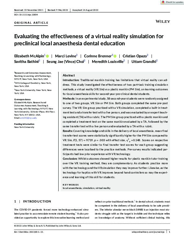 (PDF) Evaluating the effectiveness of a virtual reality simulation for preclinical local ...