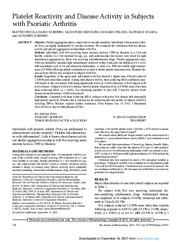 (PDF) Platelet Reactivity and Disease Activity in Subjects with ...