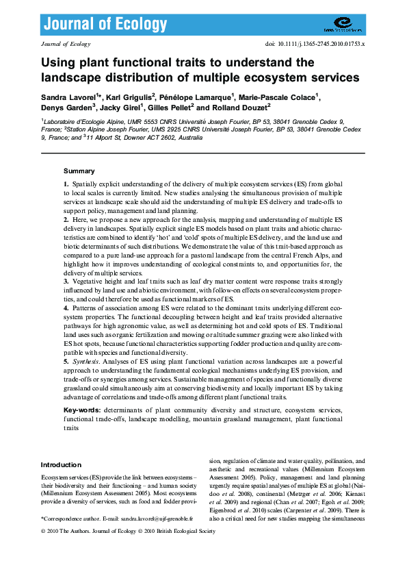 (PDF) Using plant functional traits to understand the landscape ...