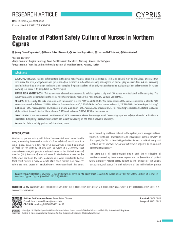 (PDF) Evaluation of Patient Safety Culture of Nurses in Northern Cyprus | Ümran Yılmaz ...