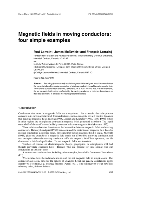 (PDF) Magnetic fields in moving conductors: four simple examples
