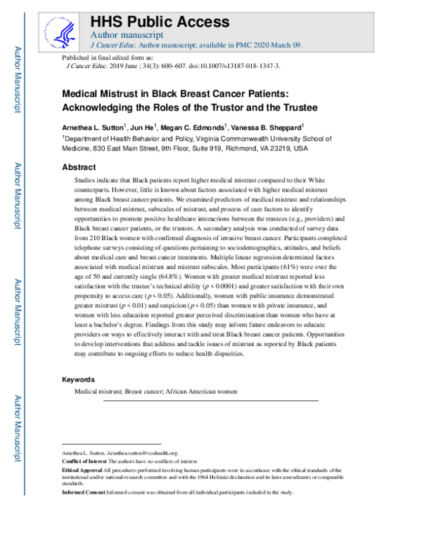 (PDF) Medical Mistrust in Black Breast Cancer Patients: Acknowledging ...