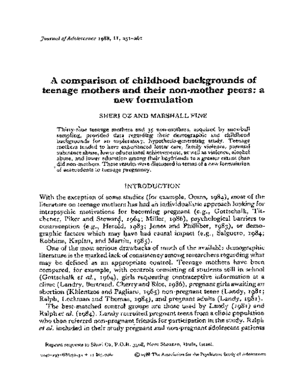(PDF) A comparison of childhood backgrounds of teenage mothers and ... (PDF) A comparison of childhood backgrounds of teenage mothers and ...