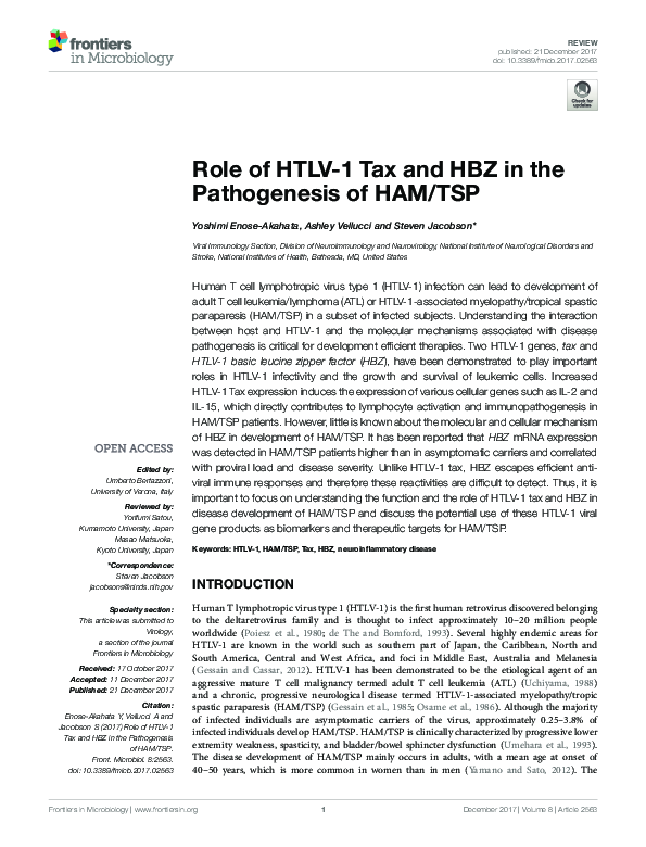 (PDF) Role of HTLV-1 Tax and HBZ in the Pathogenesis of HAM/TSP