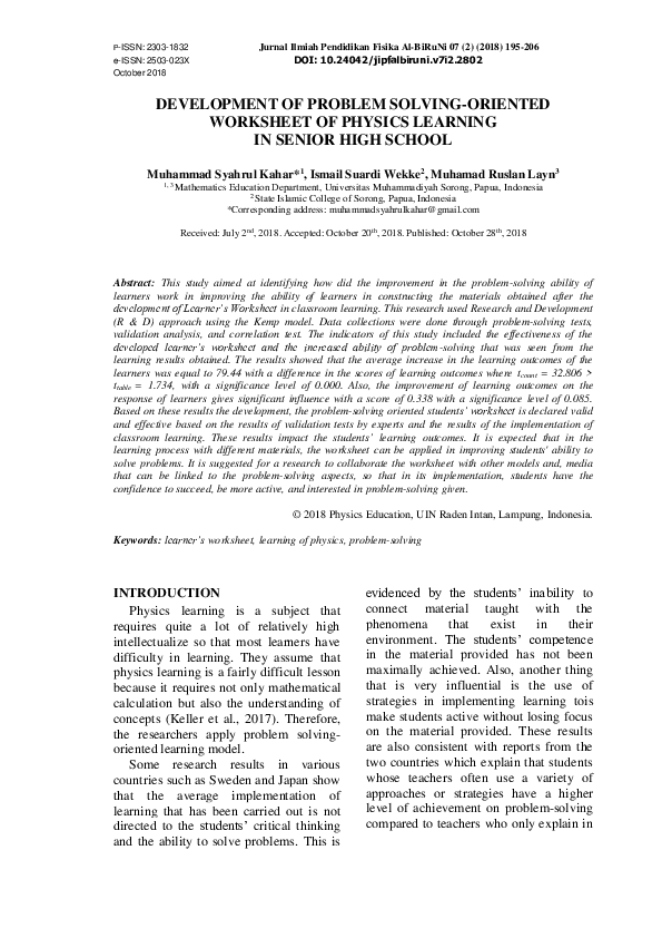 (PDF) Development of Problem Solving-Oriented Worksheet of Physics Learning In Senior High School