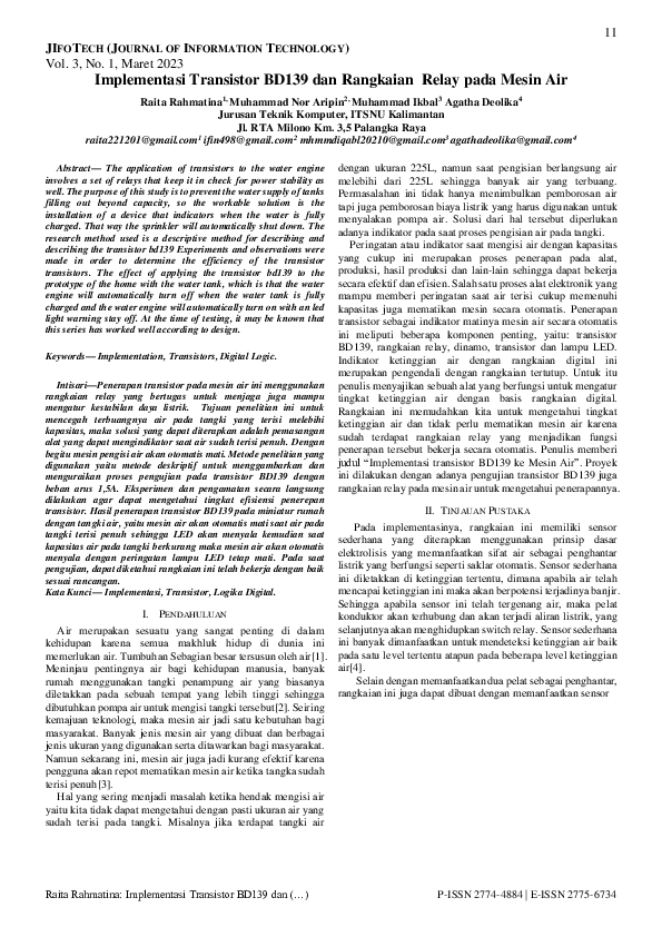 (PDF) Implementasi Transistor BD139 dan Rangkaian Relay pada Mesin Air