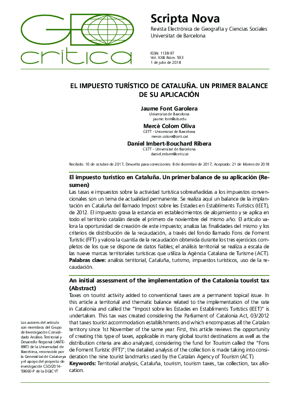 (PDF) La tasa tur stica de Catalu a. De impuesto recaudatorio a instrumento de pol tica tur stica