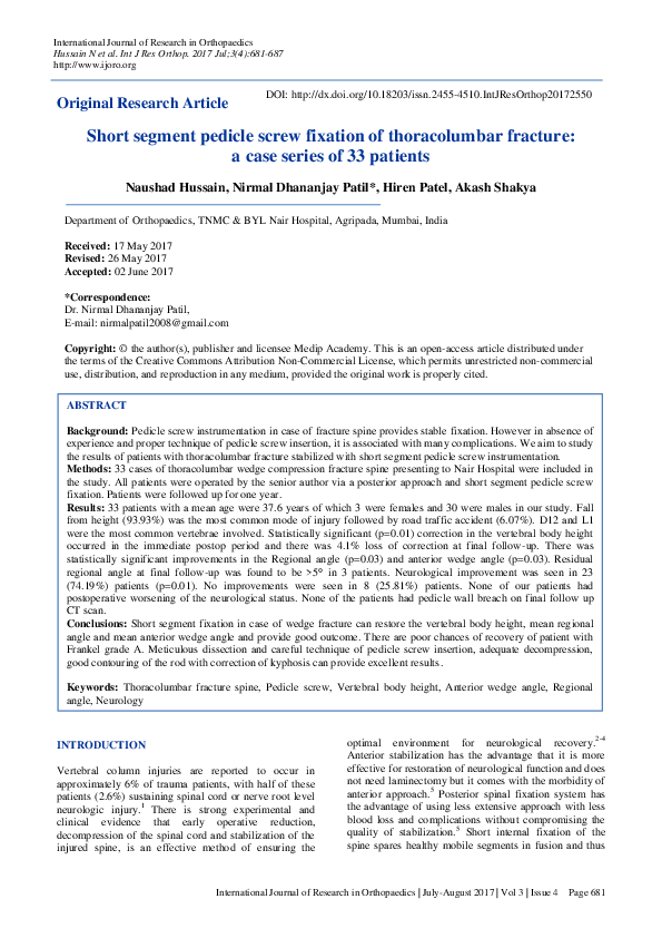 (PDF) Short segment pedicle screw fixation of thoracolumbar fracture: a ...