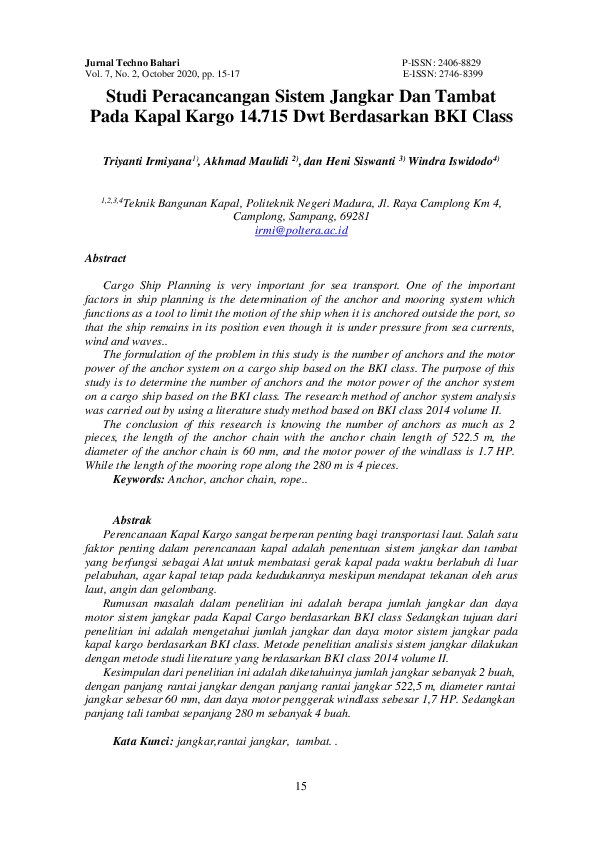 (PDF) Studi Peracancangan Sistem Jangkar Dan Tambat Pada Kapal Kargo 14 ...