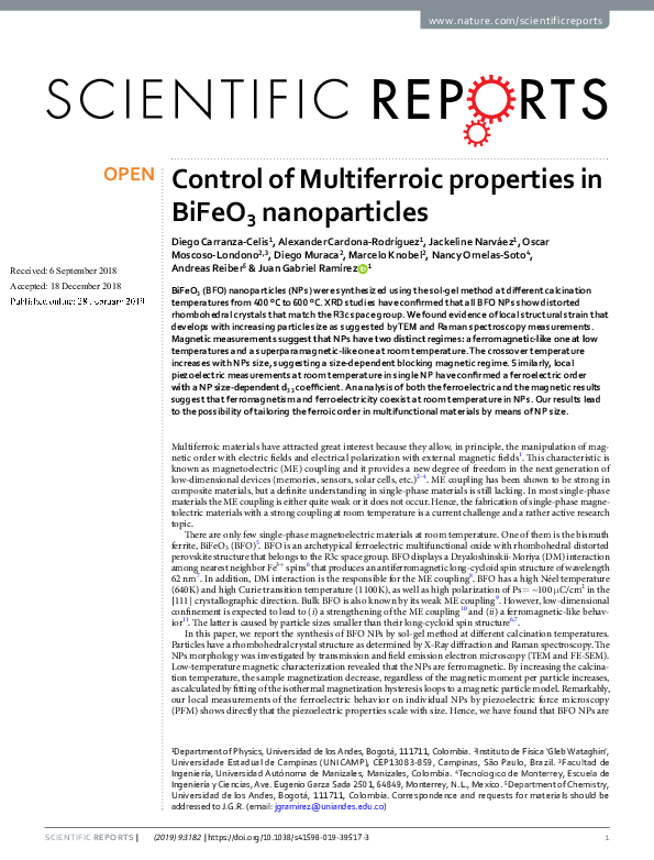 (PDF) Control of Multiferroic properties in BiFeO3 nanoparticles