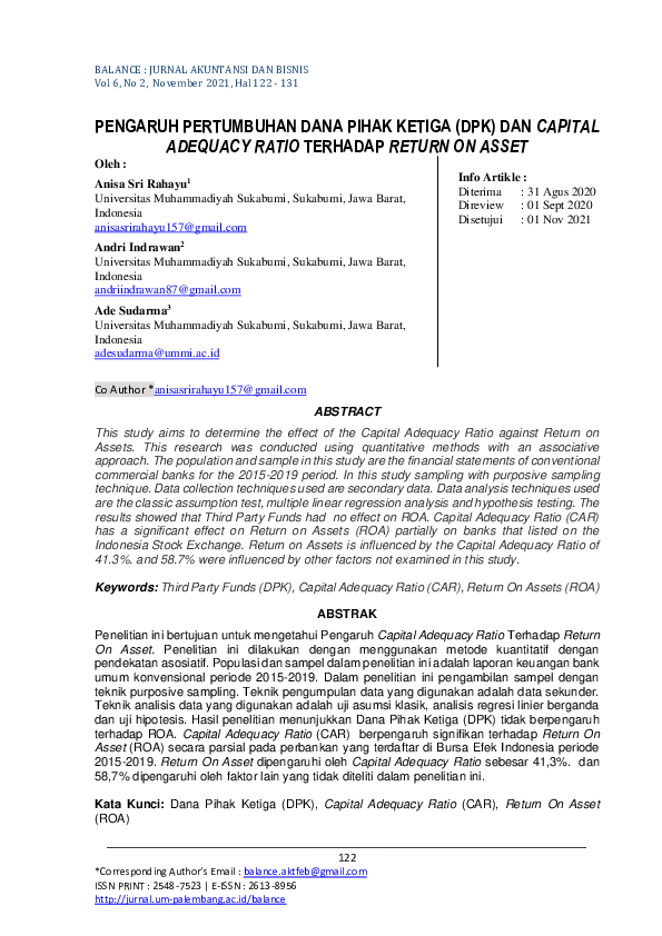 (PDF) Pengaruh Pertumbuhan Dana Pihak Ketiga (DPK) Dan Capital Adequacy Ratio Terhadap Return on ...