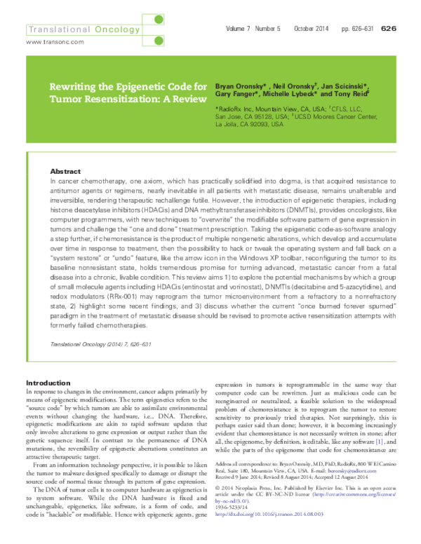 (PDF) Rewriting the Epigenetic Code for Tumor Resensitization: A Review