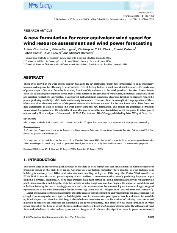 (PDF) A new formulation for rotor equivalent wind speed for wind resource assessment and wind ...