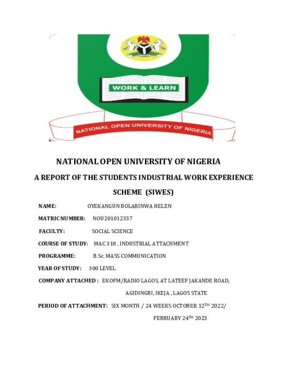 (PDF) NATIONAL OPEN UNIVERSITY OF NIGERIA SIWES REPORT OF 2022 / 2023 ...