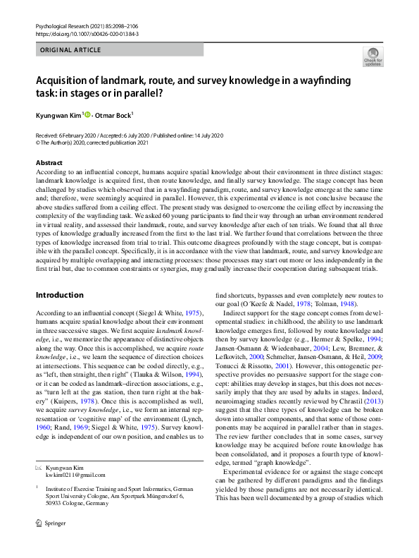 (PDF) Acquisition of landmark, route, and survey knowledge in a wayfinding task: in stages or in ...